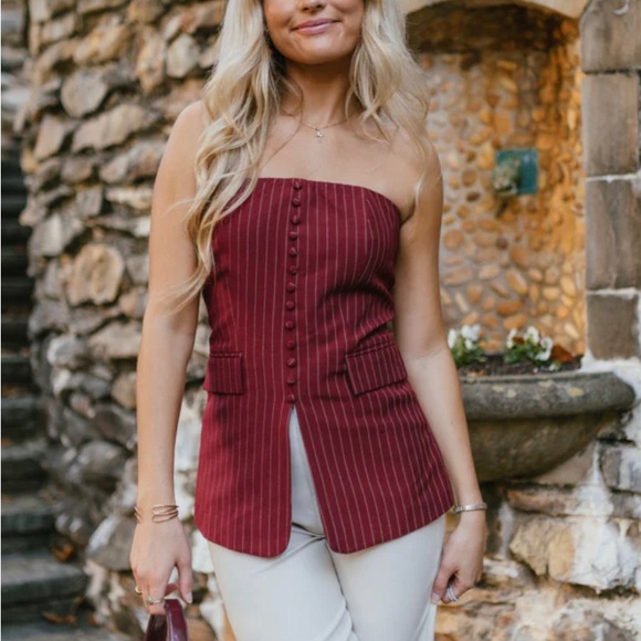 vestique | Tops | Vestique Burgundy Pinstriped Bustier Strapless Top ...
